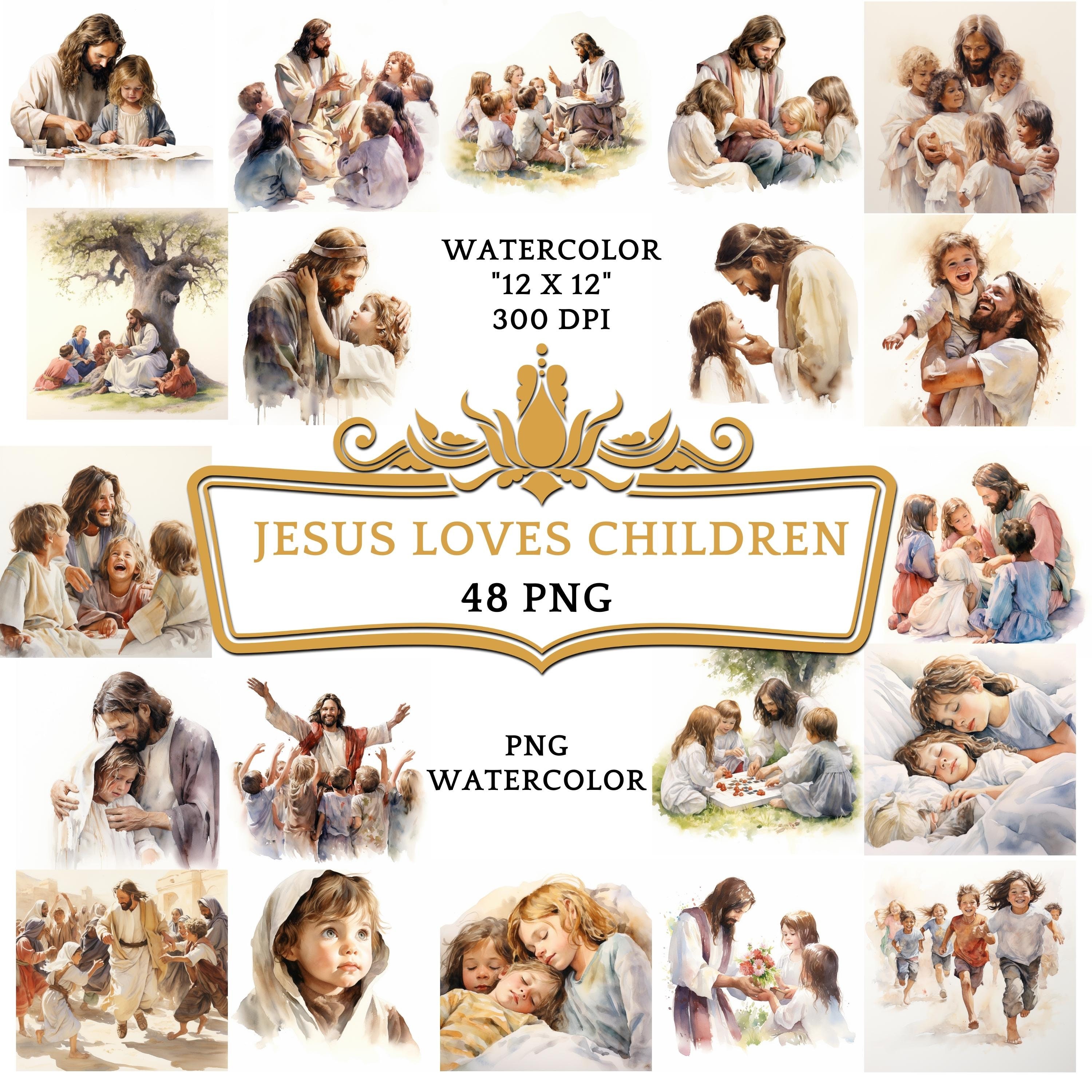 48 PNG Watercolor Jesus Loves Children Clip Art Christian Religious ...