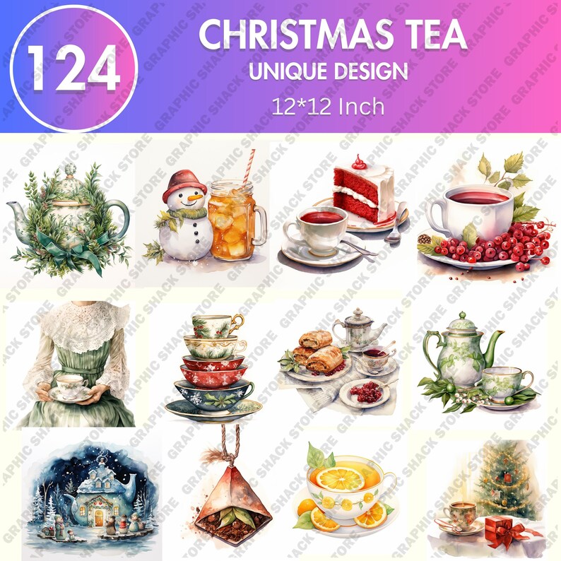 124 Watercolor Christmas Tea Clipart PNG Bundle Holiday Tea Time Images ...