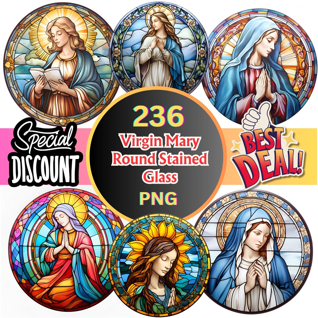 236 Virgin Mary Round Stained Glass Sublimation Design: PNG Praying ...