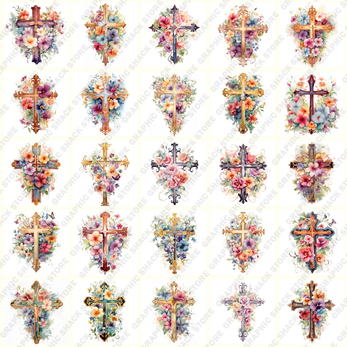 57 Watercolor Floral Crosses PNG Clipart Bundle Cross - Etsy