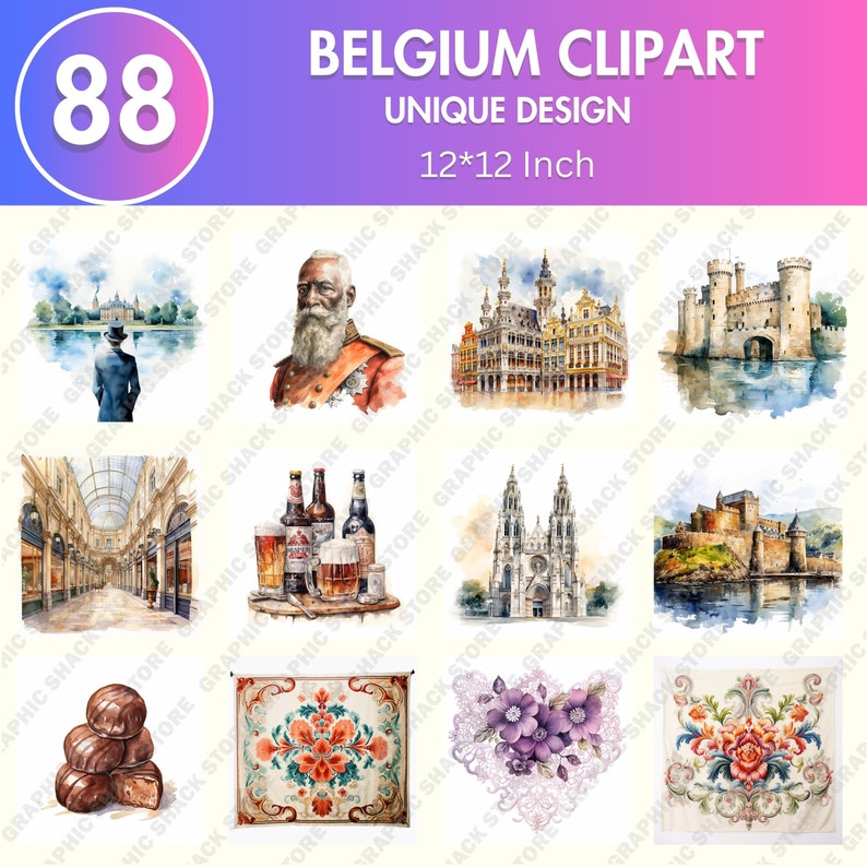 88 Watercolor Belgium PNG Clipart Bundle, Belgium Travel Sights ...