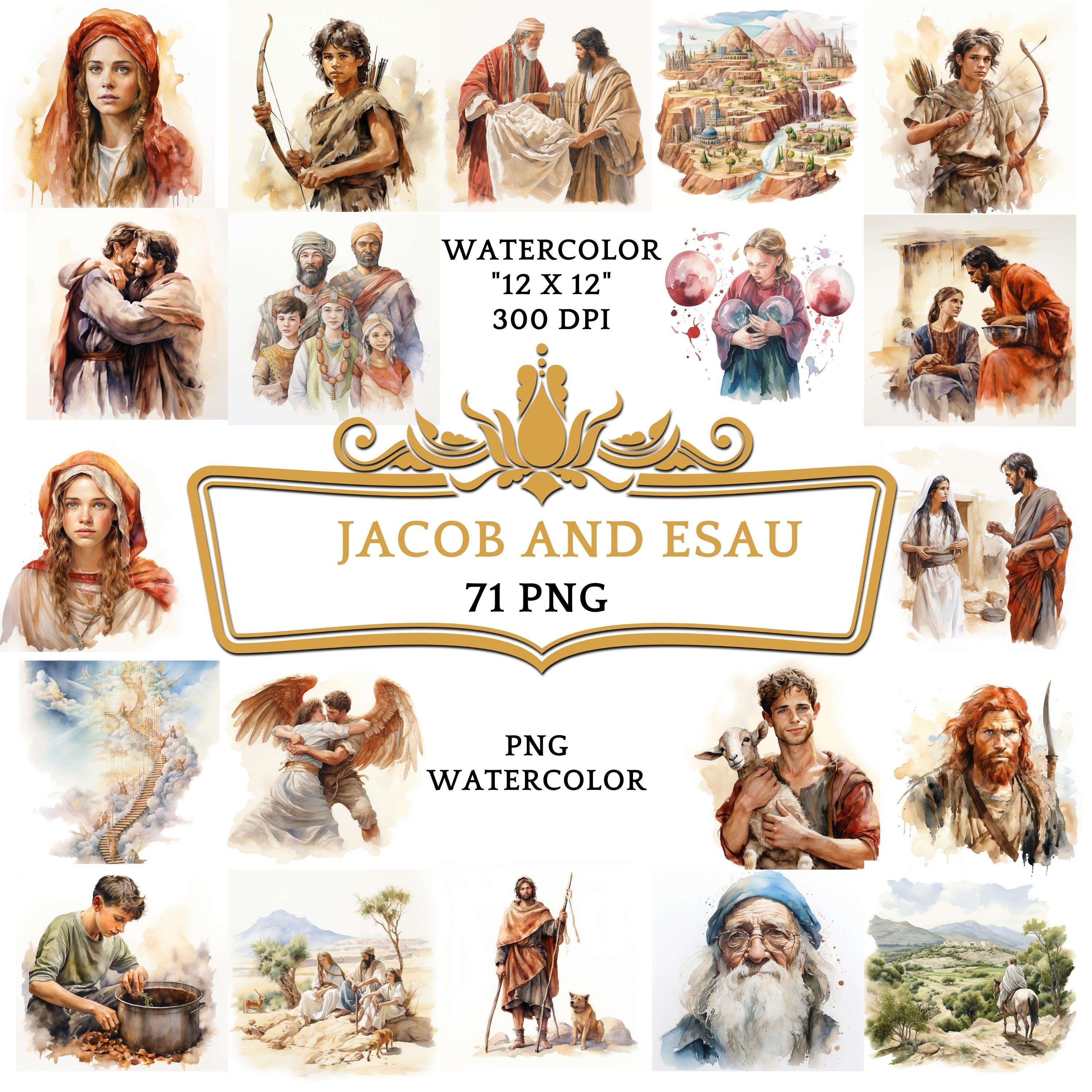 71 Watercolor Jacob and Esau Clip Art Christian Religious Bible Based ...