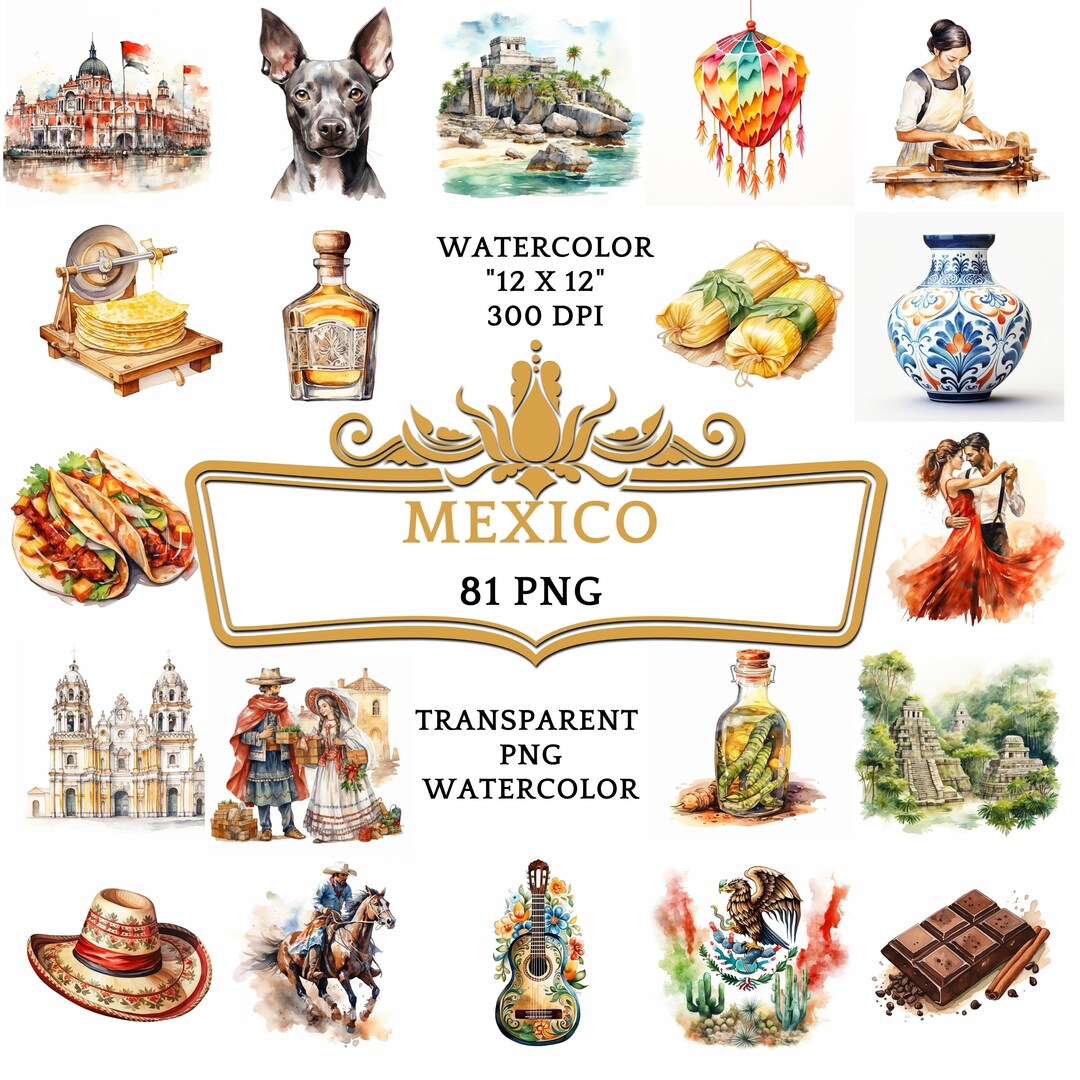 81 "watercolor Mexico PNG Clipart Bundle, Mexico Travel Clipart ...