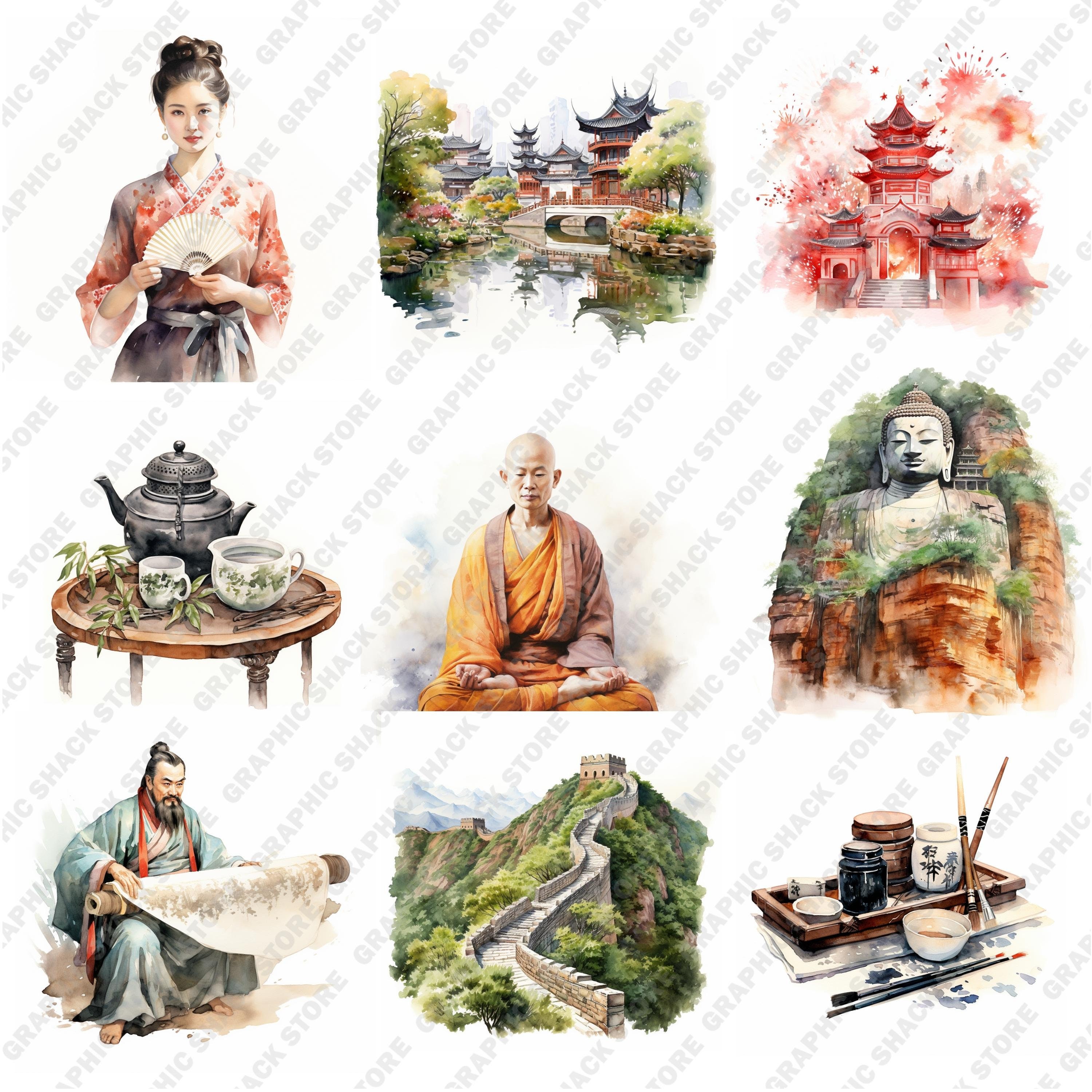 90 Watercolor China PNG Clipart Bundle, China Landmarks Clipart, Great ...