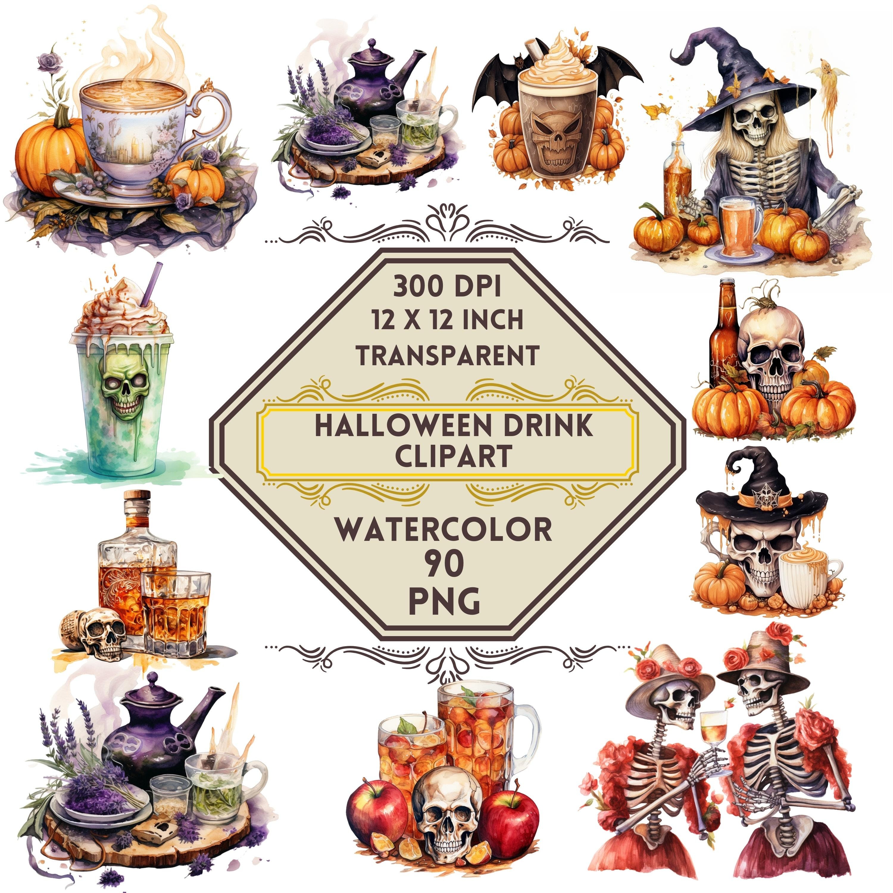 90 Watercolor Halloween Drink Clipart PNG Bundle Gruesome Cocktails ...
