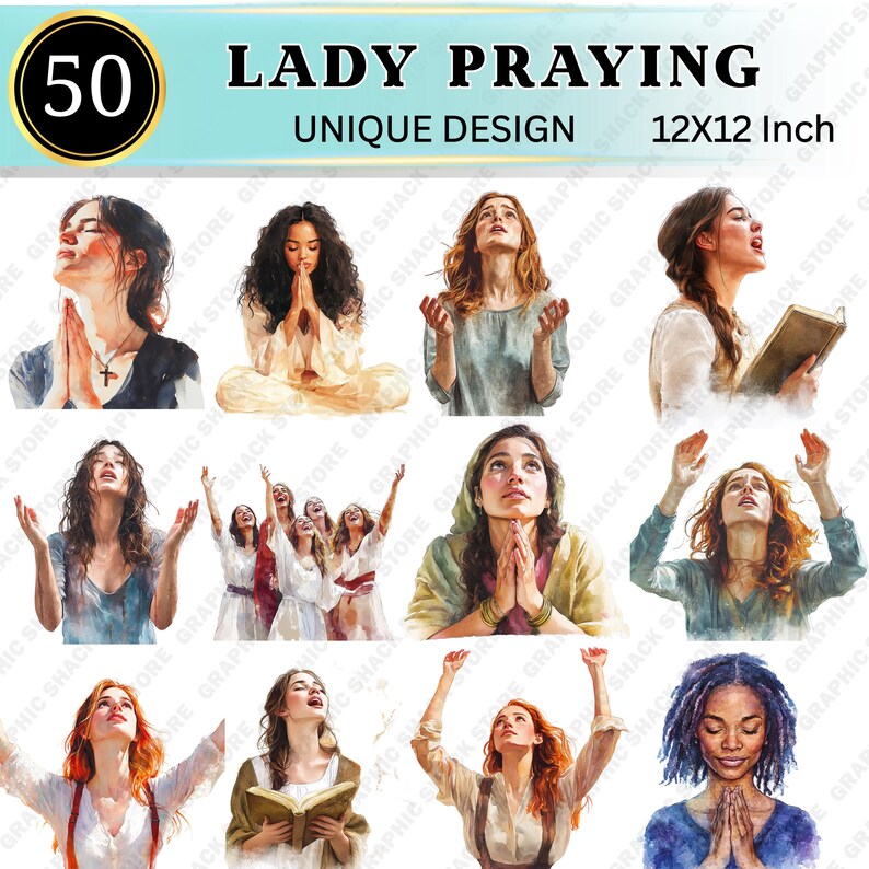 50x Lady Praying Clipart PNG Bundle, Christian Woman in Prayer ...