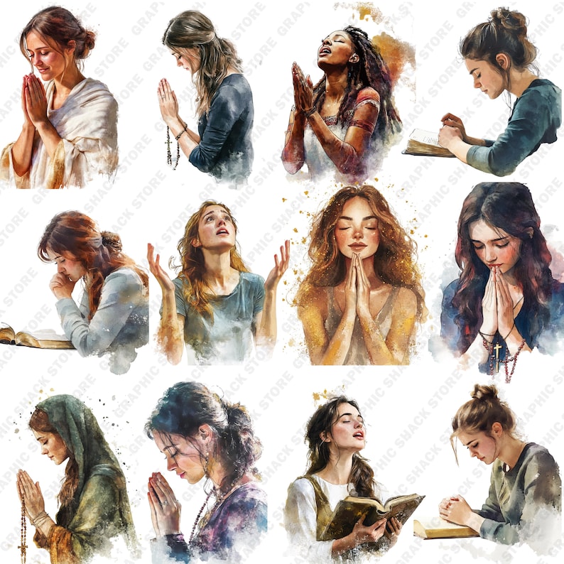 50x Lady Praying Clipart PNG Bundle, Christian Woman in Prayer ...