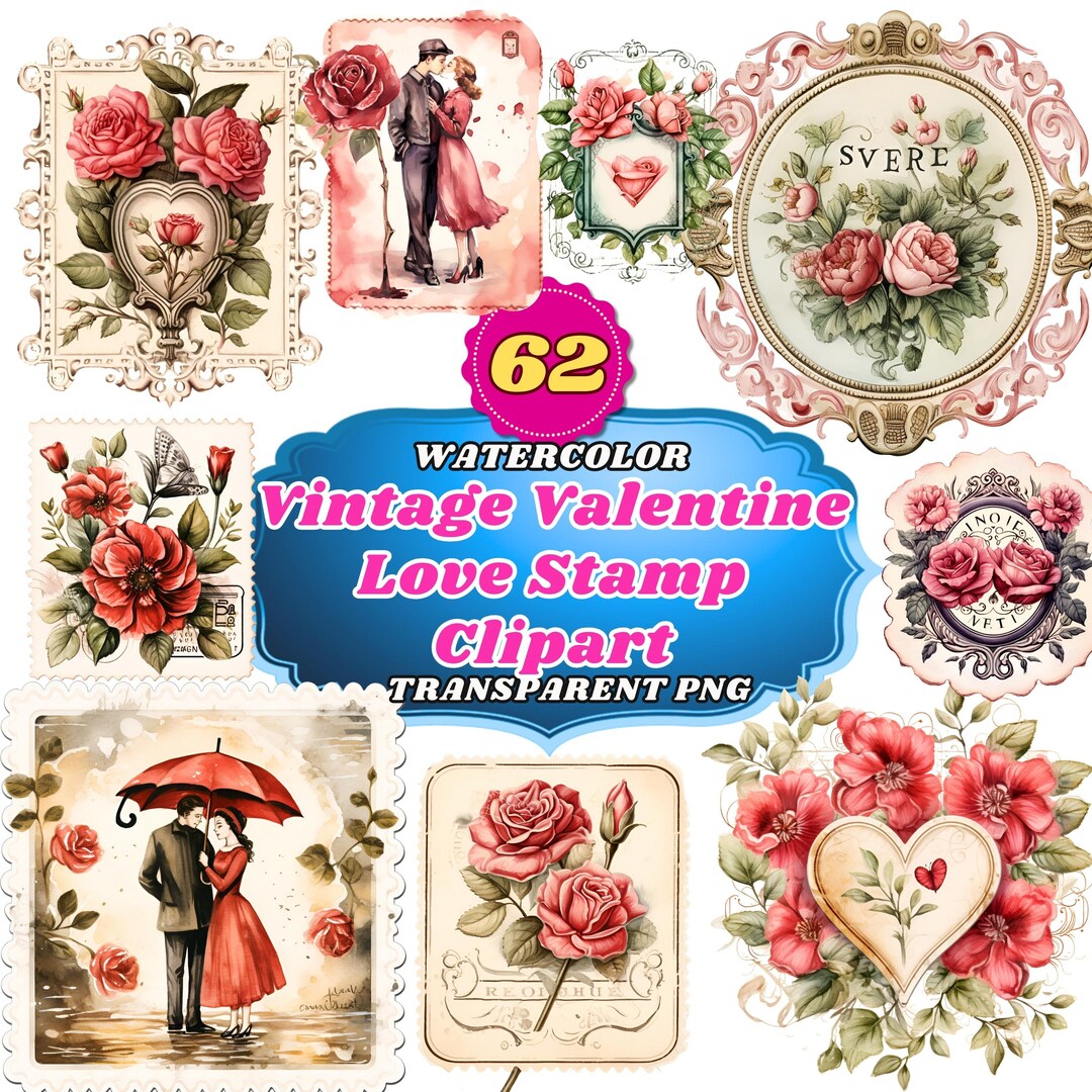 62 Vintage Valentine Love Stamp Watercolor Clipart - Nostalgic Postal ...