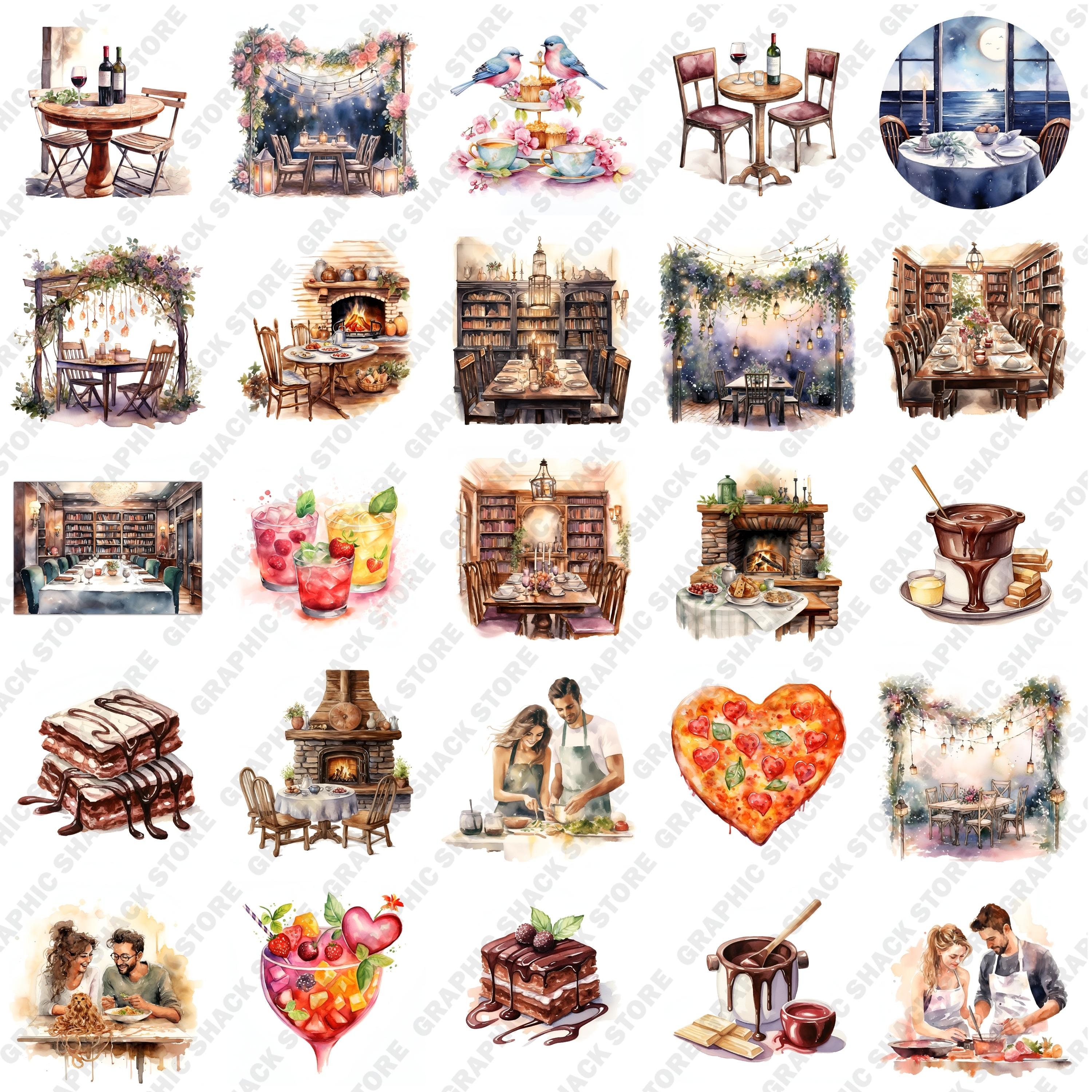 75 Watercolor Romantic Couple Dinner Clipart, Valentine's Day Romantic ...