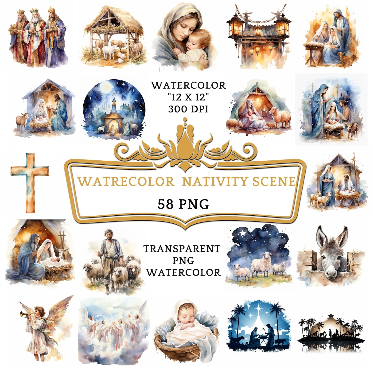 58 PNG Watercolor Nativity Scene Clipart | Manger Scene Clipart Bundle ...