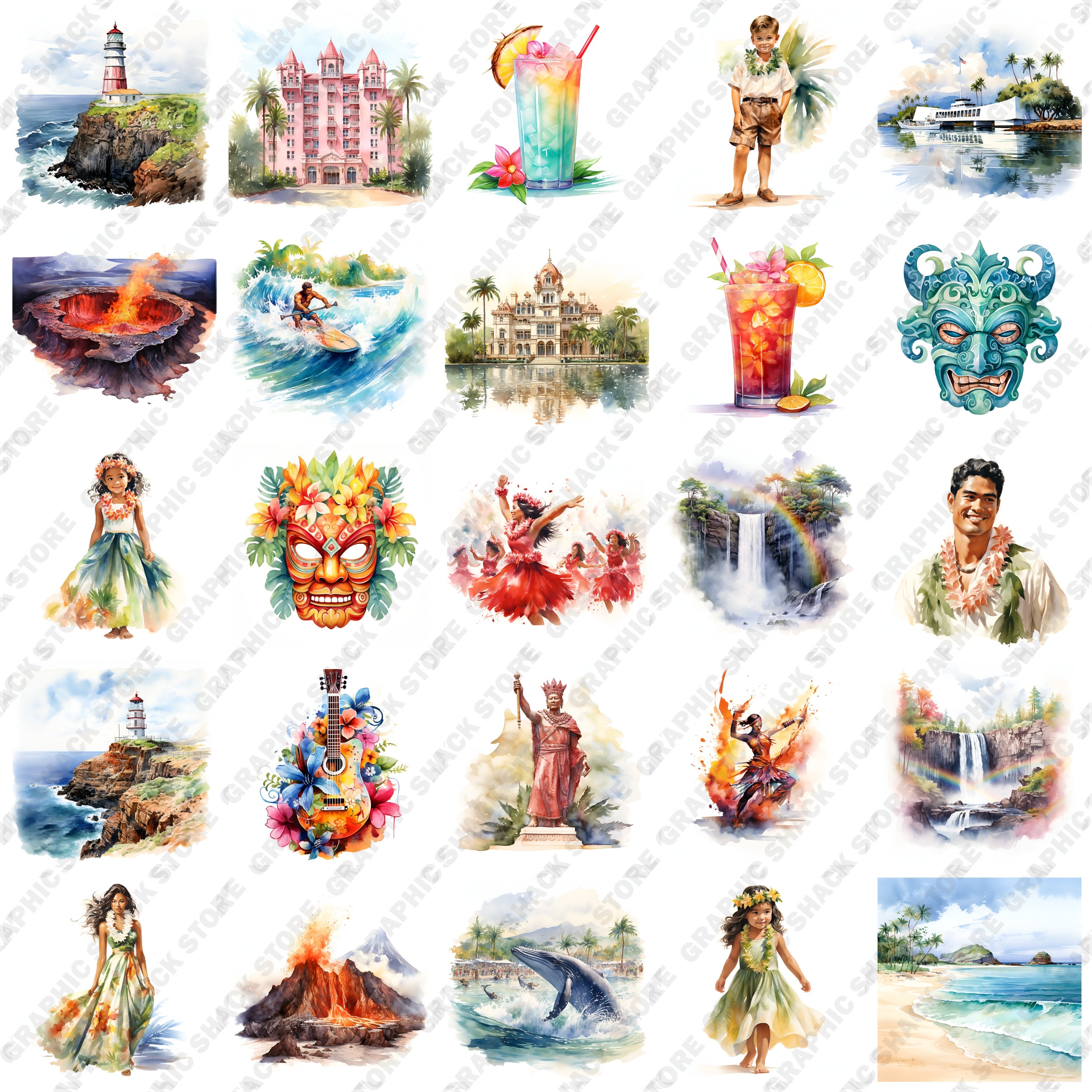 101 Watercolor Hawaii Clipart, Printable USA PNG Images, Travel ...