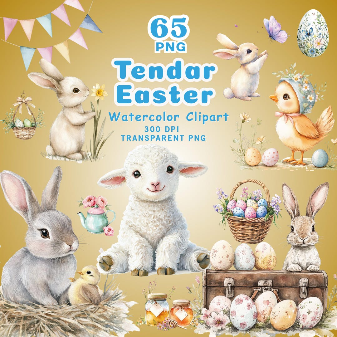 65 Watercolor Easter Bunny Clipart, Vintage Rabbit PNG, Spring Floral ...