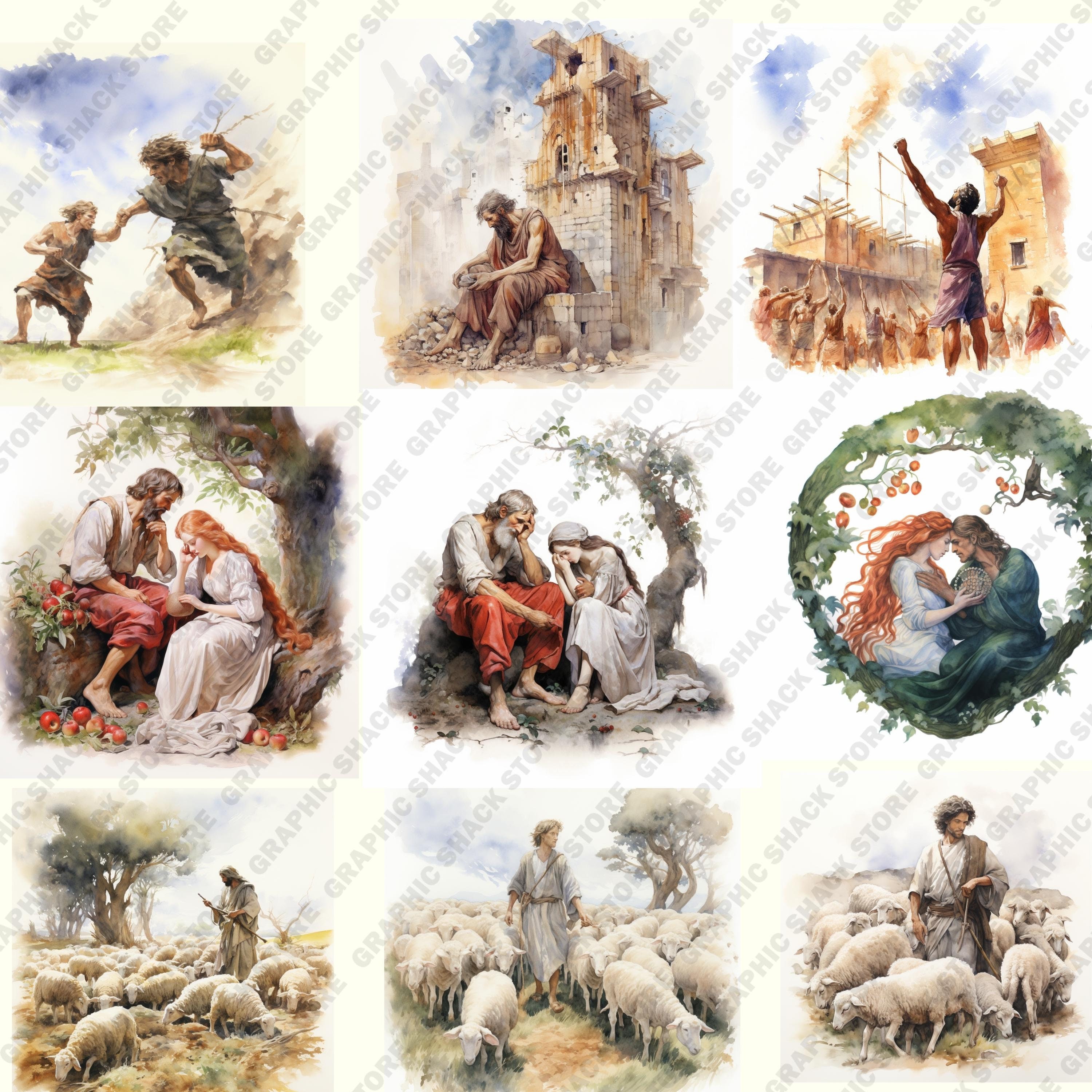 82 Watercolor Cain and Abel Clip Art Christian Religious Bible Based ...