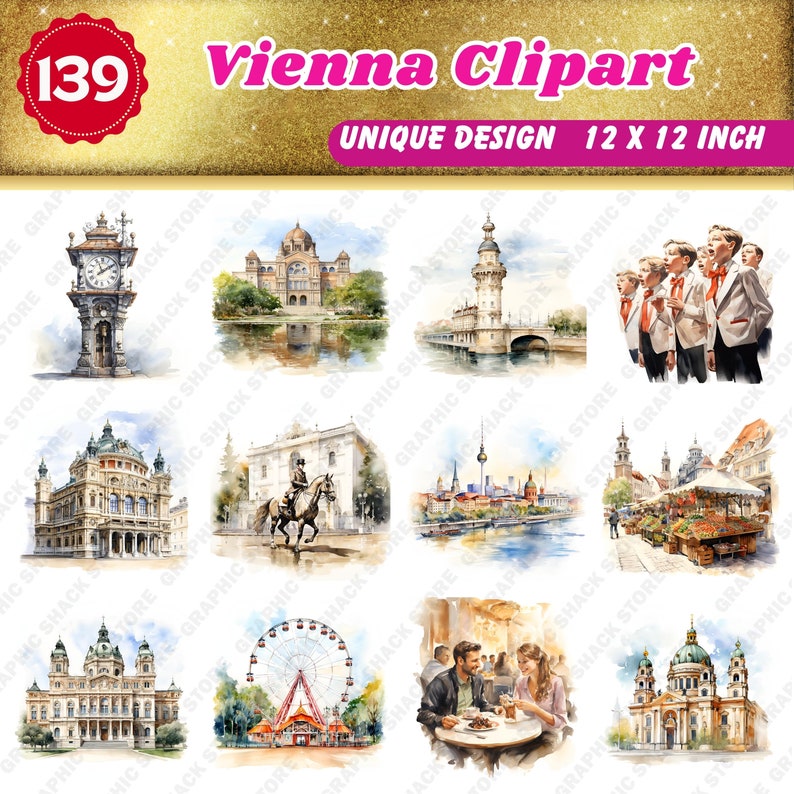 139 Watercolor Vienna PNG Clipart Bundle, Vienna Summer Travel Clip Art ...