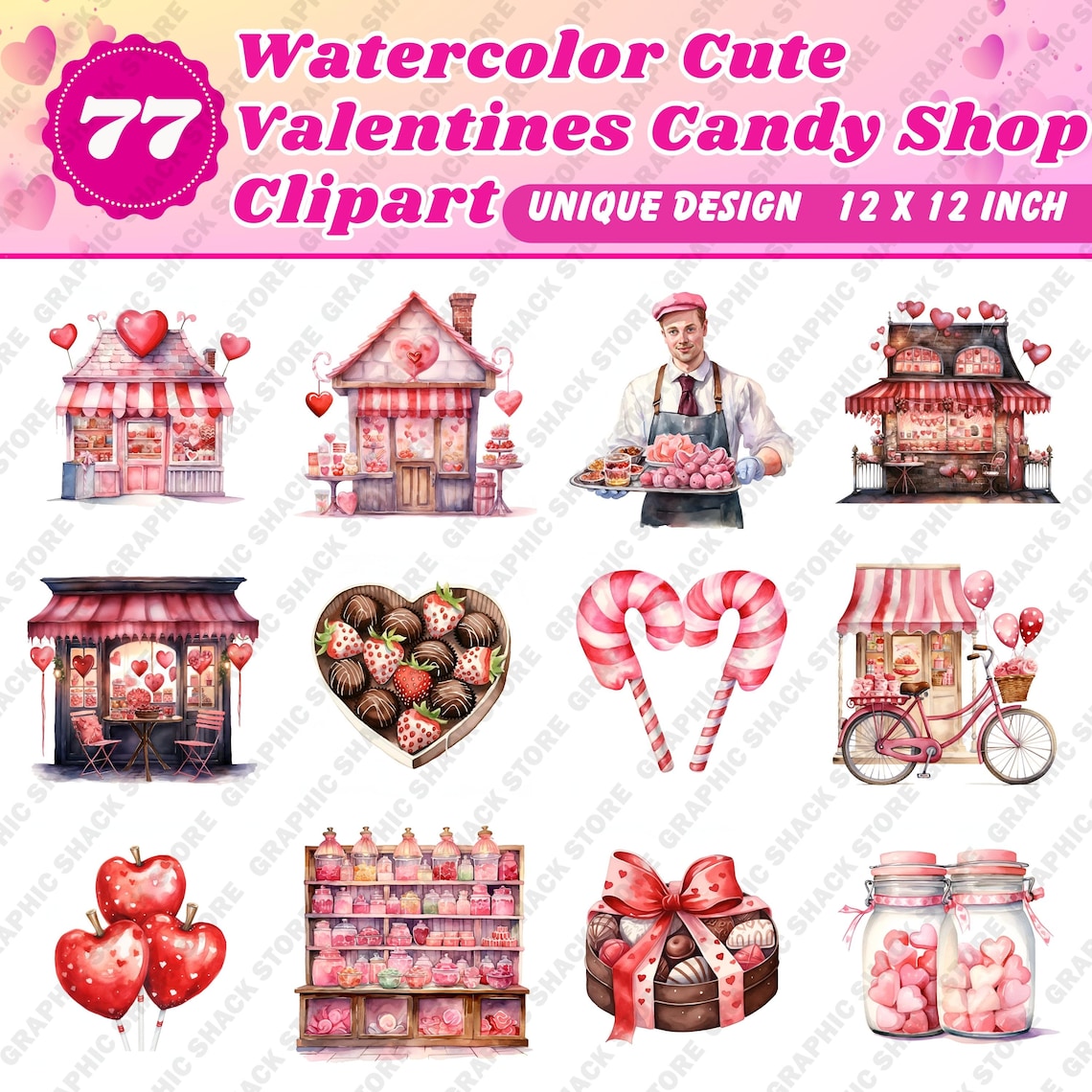 77 Watercolor Cute Valentine's Candy Shop Clipart Bundle, Quaint ...