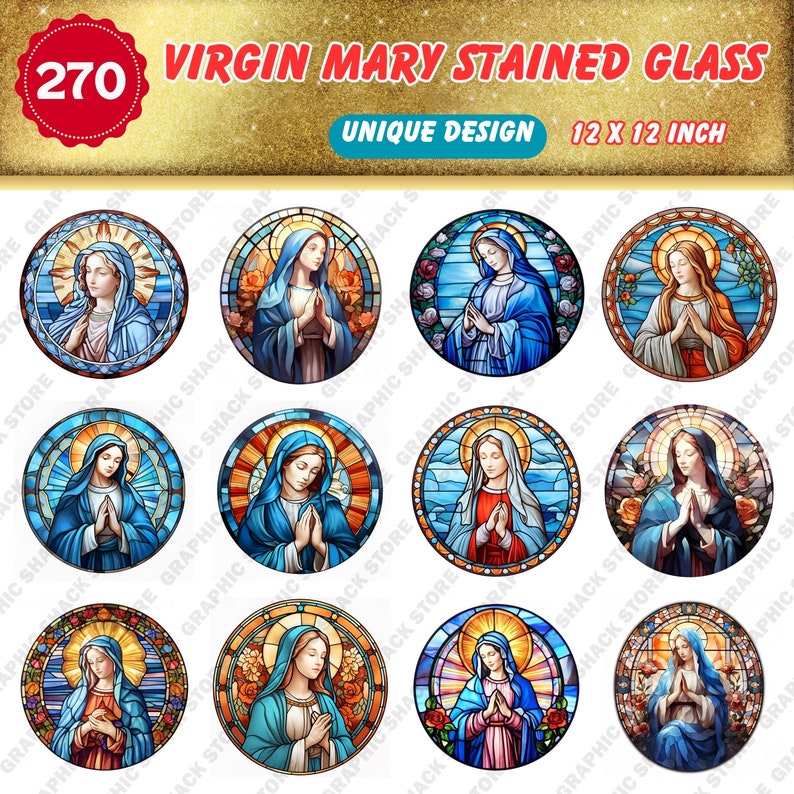 236 Virgin Mary Round Stained Glass Sublimation Design: PNG Praying ...