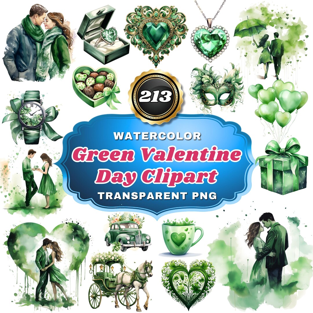 213 Watercolor Green Valentine's Day Clipart, Emerald Emotions: Fresh ...