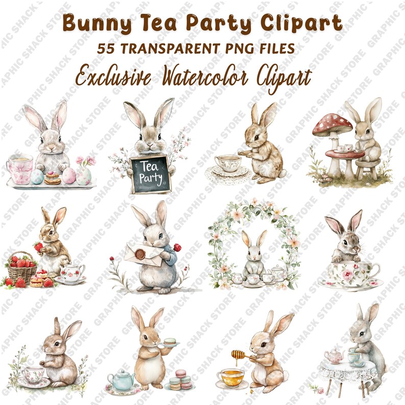 55 Bunny Tea Party Clipart, Watercolor Easter Rabbit PNG, Storybook ...