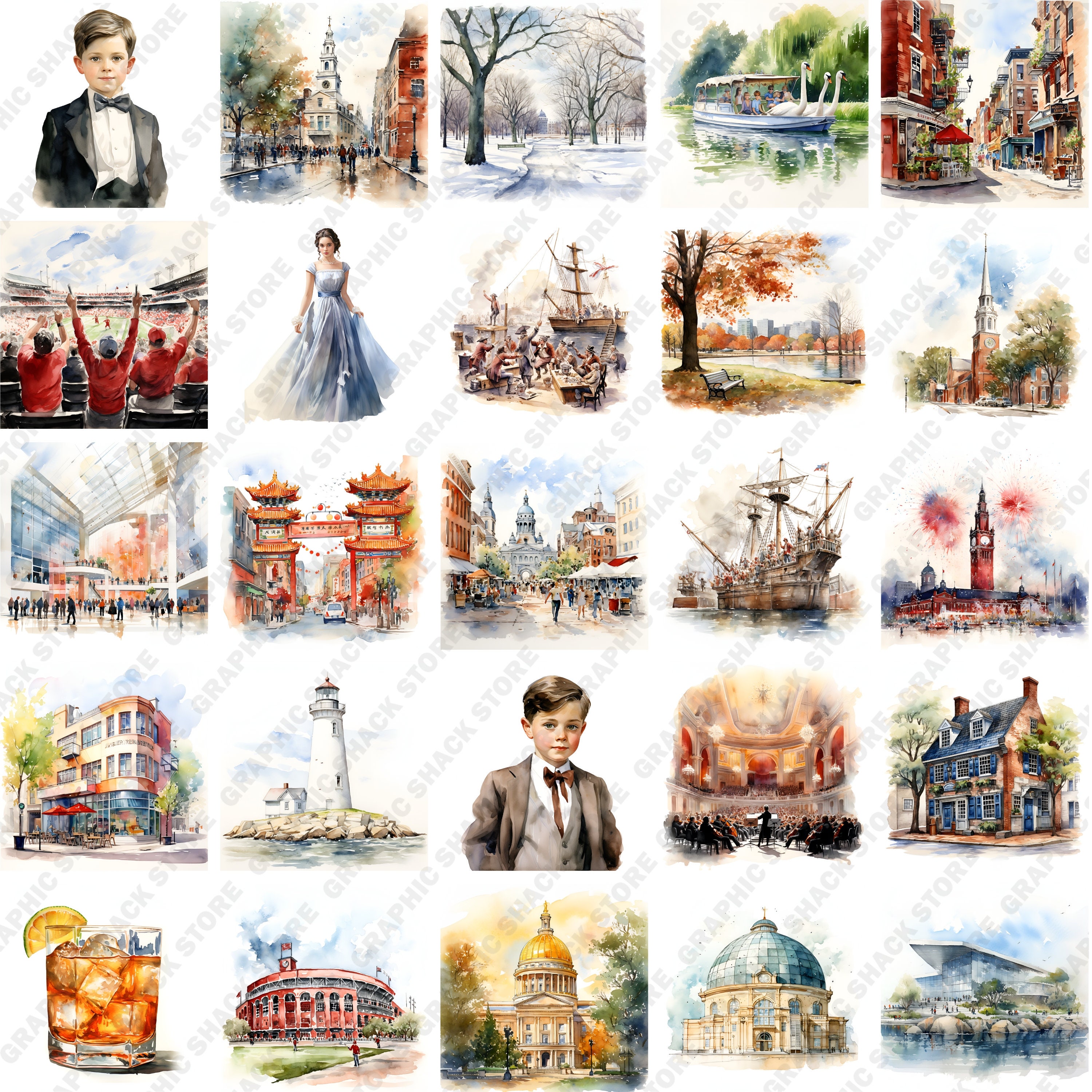 91 Watercolor Boston Clipart, Printable Massachusetts PNG Images for ...