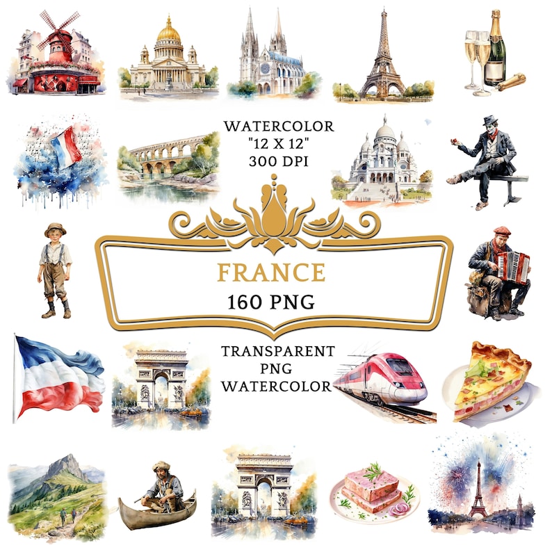 160 Watercolor France PNG Clipart Bundle, France Travel Illustrations ...