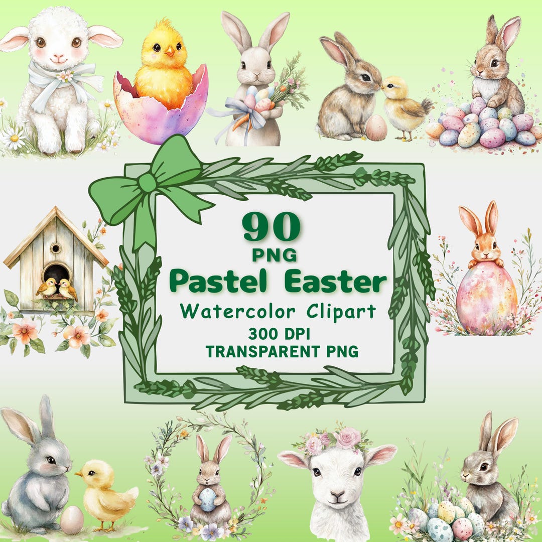 90x Pastel Easter Clipart Bundle | Watercolor Bunny PNG | Easter Eggs ...