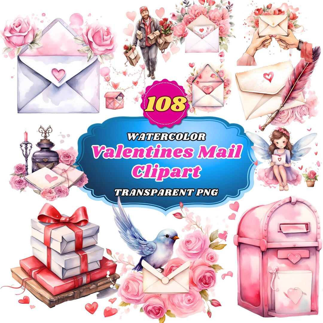 108 Watercolor Valentine's Mail Clipart Bundle. Romantic Letters, Love ...