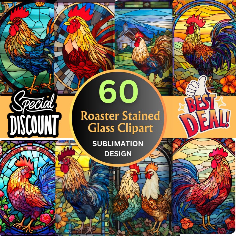60 Stained Glass Roaster Clipart PNG Designs for Sublimation, Digital ...