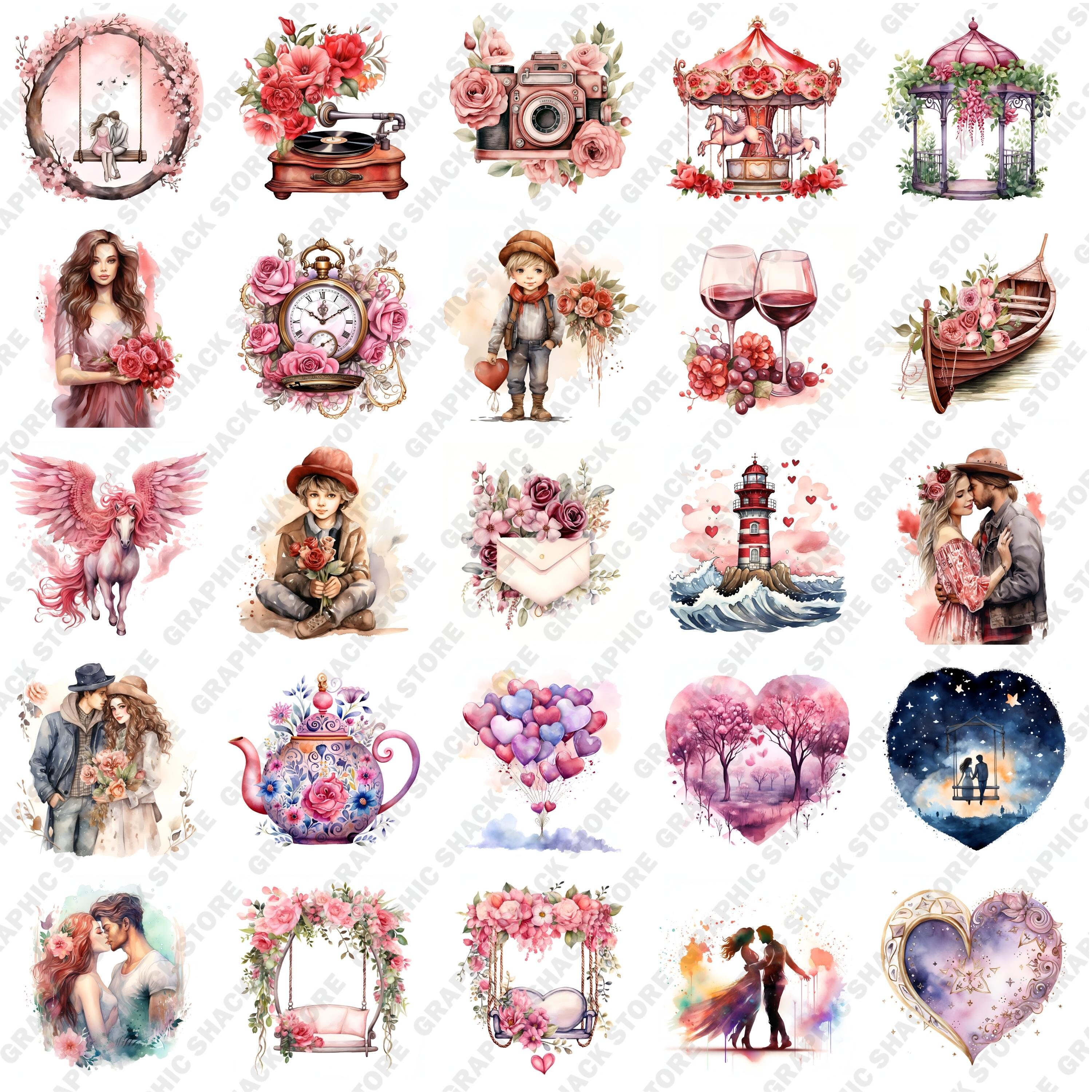 160 Boho Valentine's Day Clipart PNG Collection, Watercolor Love Themed ...