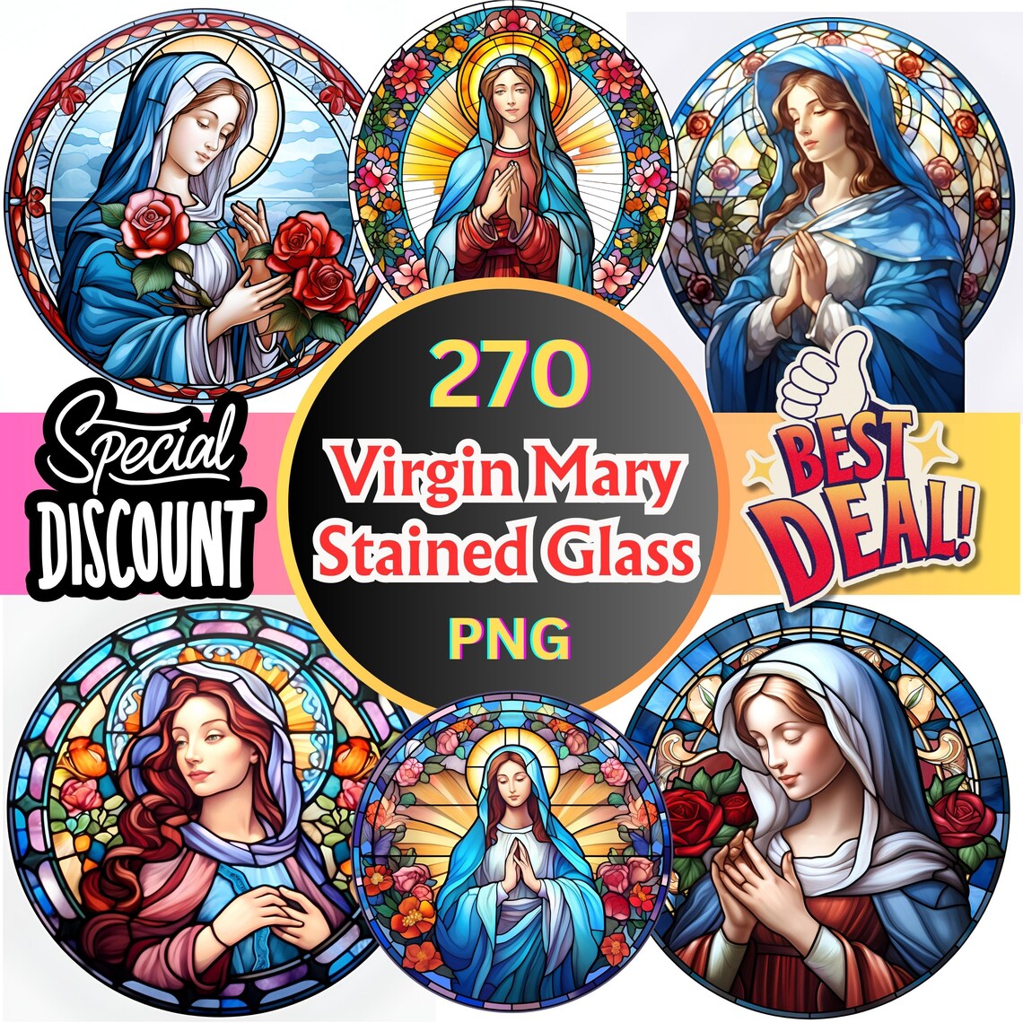 270 Virgin Mary Stained Glass Sublimation Design: PNG Praying Mother ...