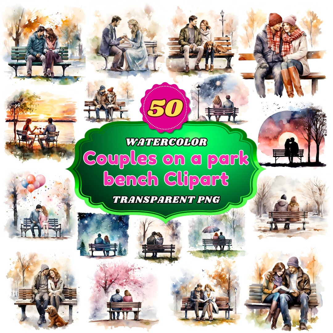 50 Peaceful Moments: Watercolor Couples on Park Bench Clipart ...