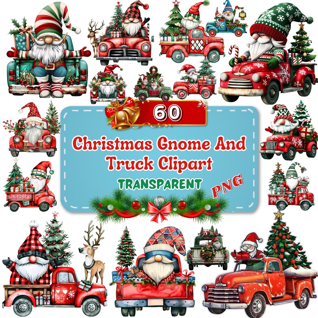 60x Christmas Gnome & Truck PNG Cliparts - Festive Rides Whimsical ...
