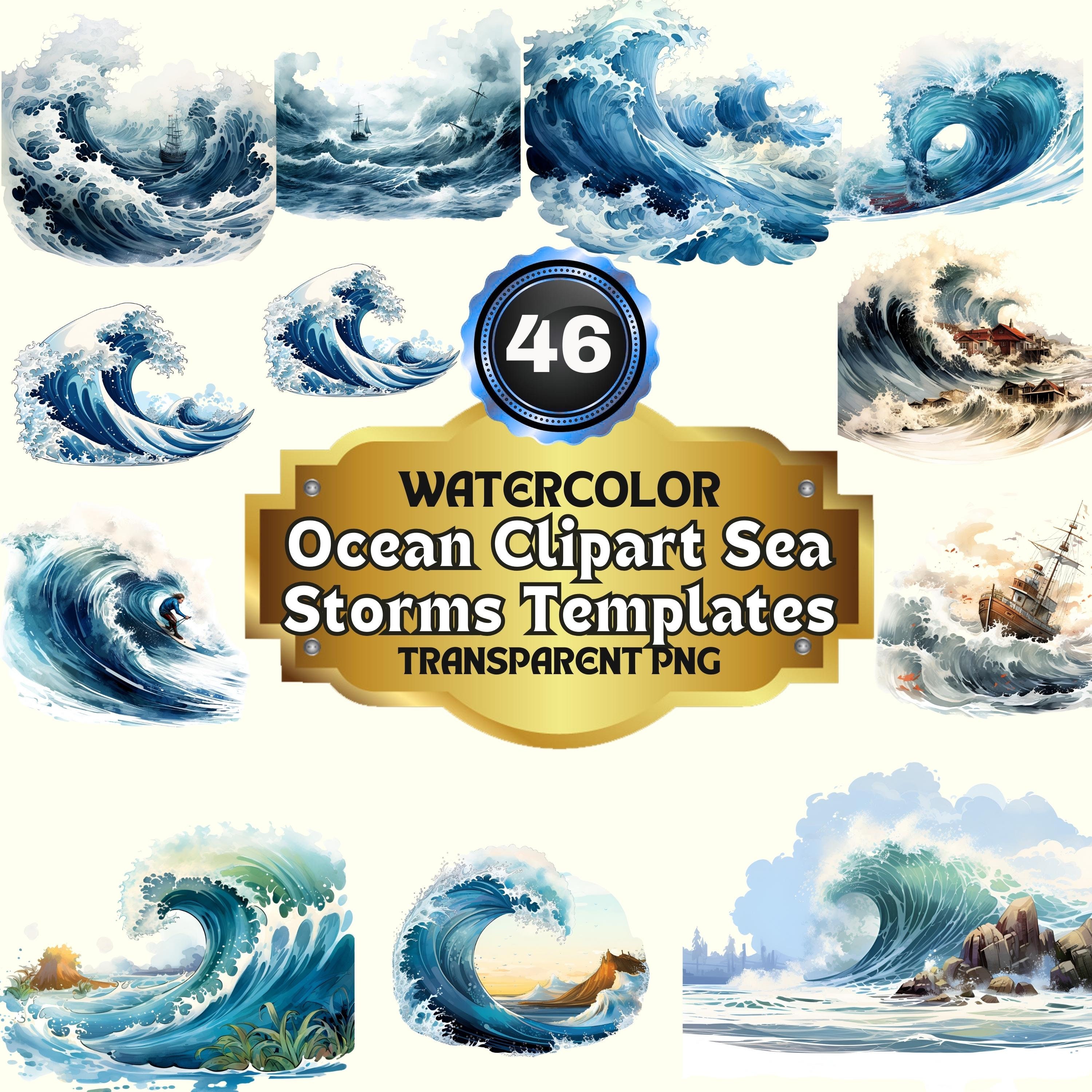 46 Watercolor Ocean Wave Clipart, Marine Majesty Sea Storms Templates ...