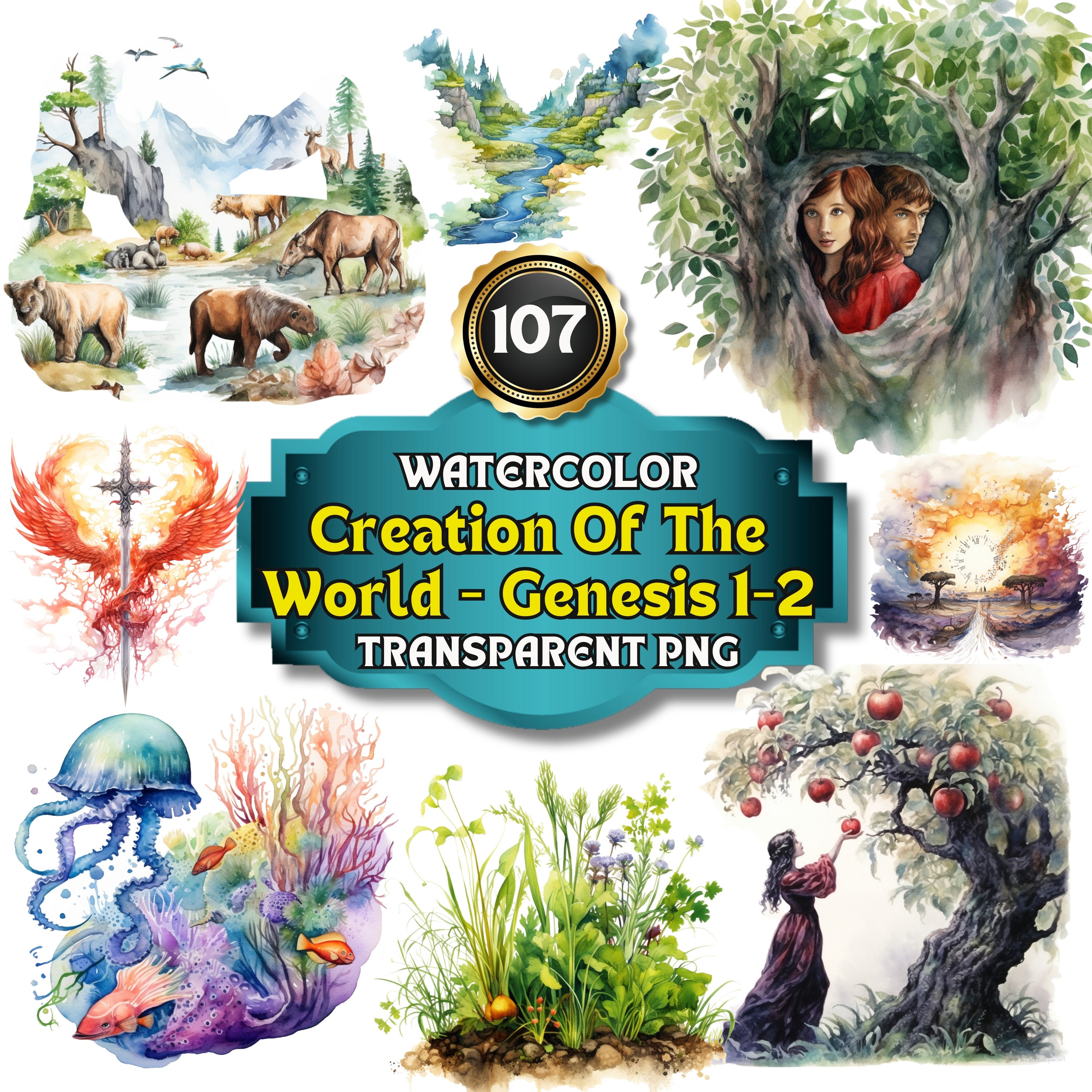 107 Watercolor Cliparts of the Creation of the World Genesis 1-2 ...