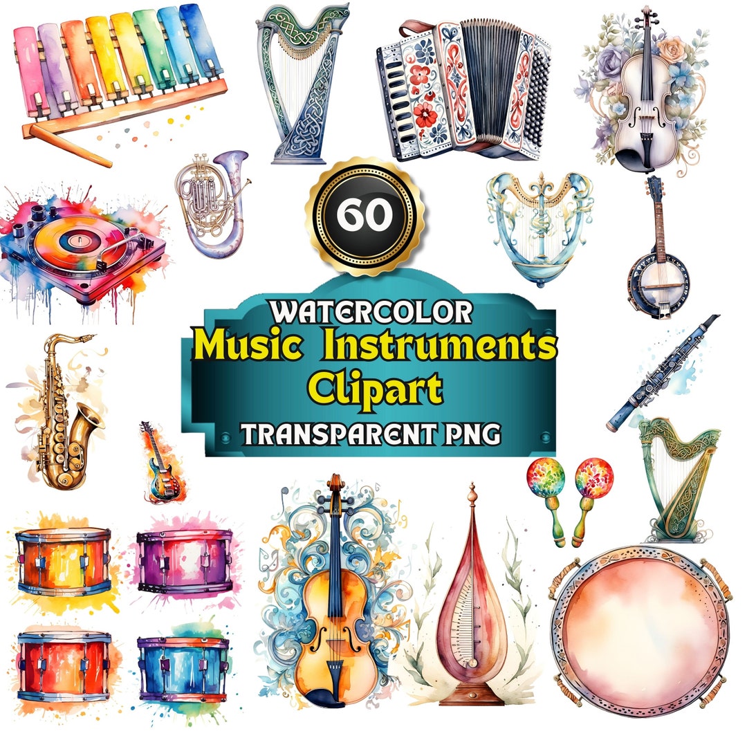 60 Watercolor Music Instruments Clipart - Symphony of Shades: Artistic ...