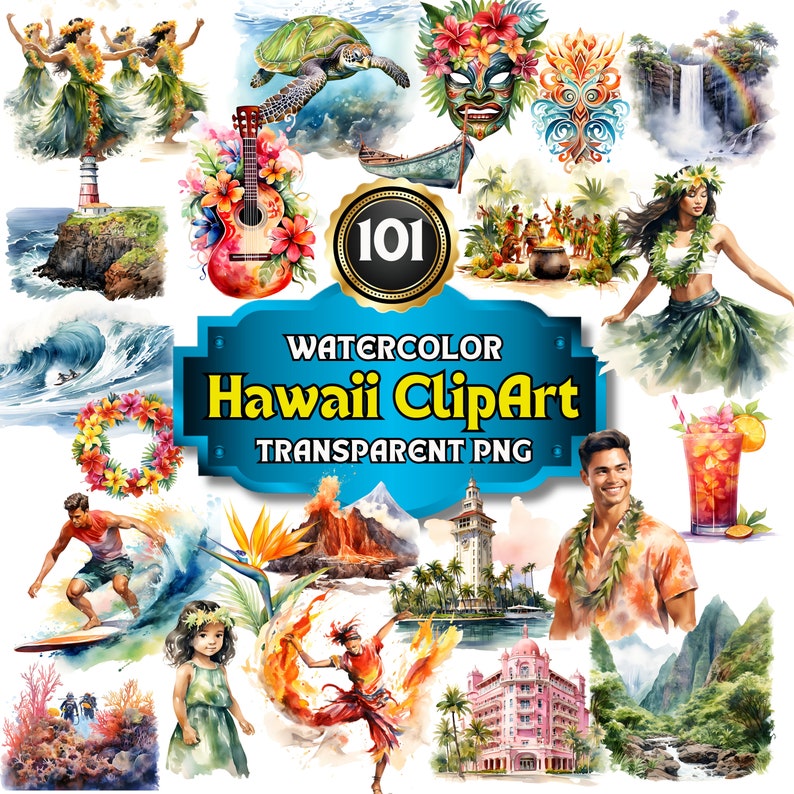101 Watercolor Hawaii Clipart, Printable USA PNG Images, Travel ...
