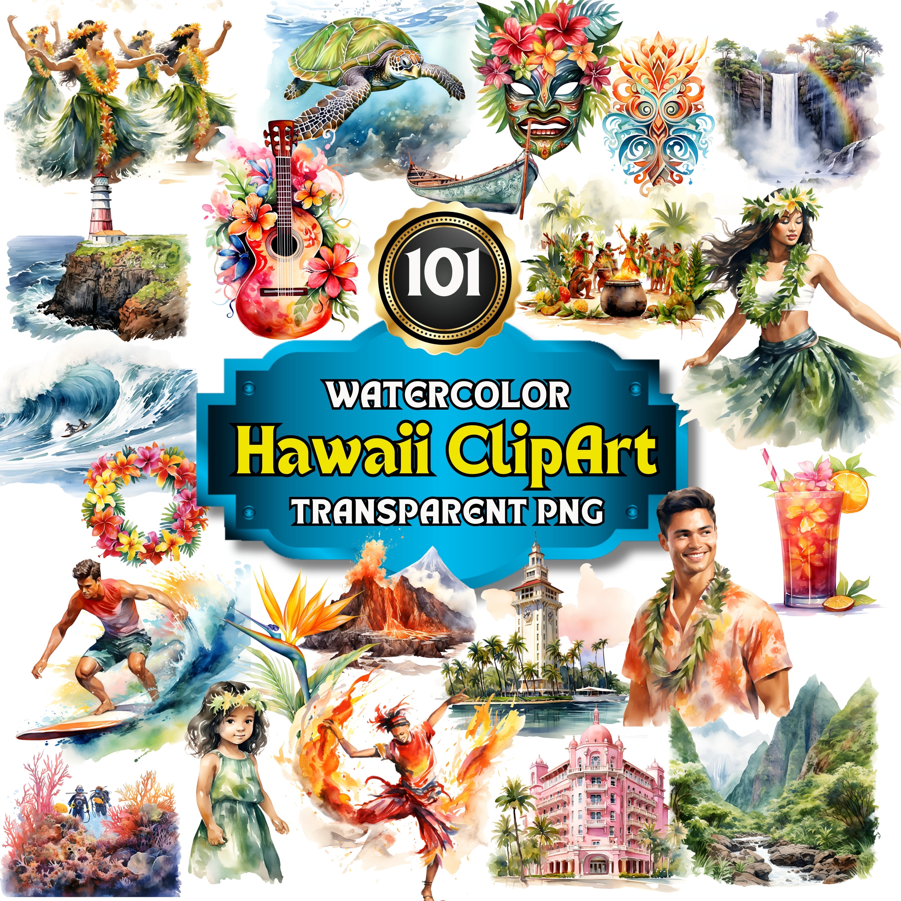 101 Watercolor Hawaii Clipart, Printable USA PNG Images, Travel ...