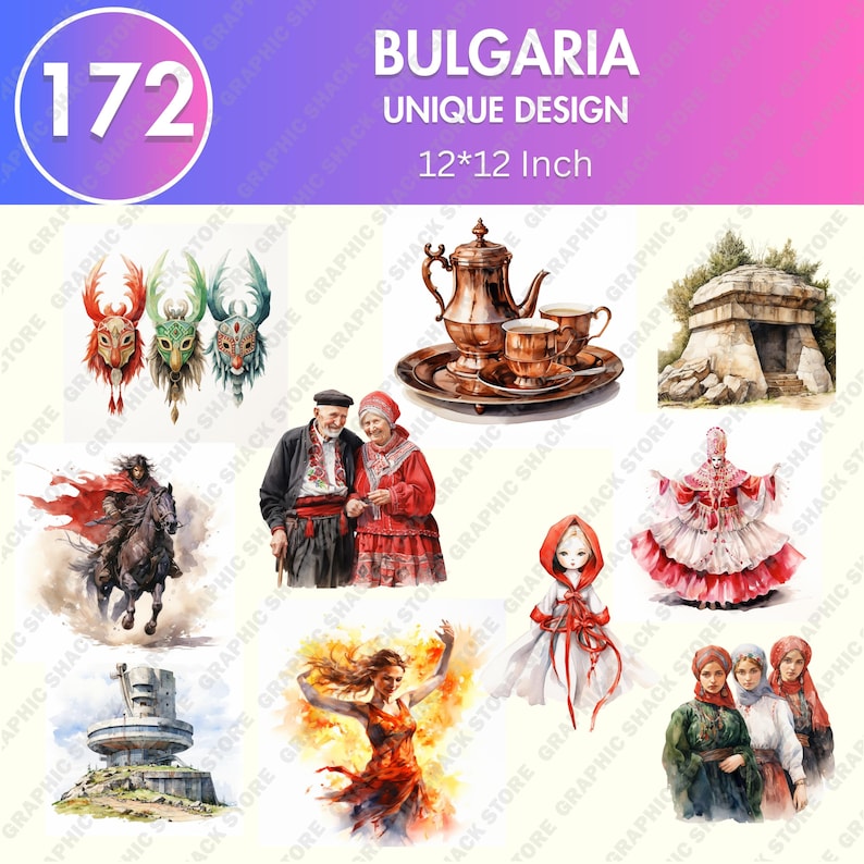 172 Watercolor Bulgaria PNG Clipart Bundle, Bulgaria Travel Sights ...