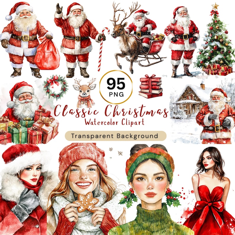 95x Watercolor Classic Christmas Clipart Bundle - Nostalgic Holiday PNG ...
