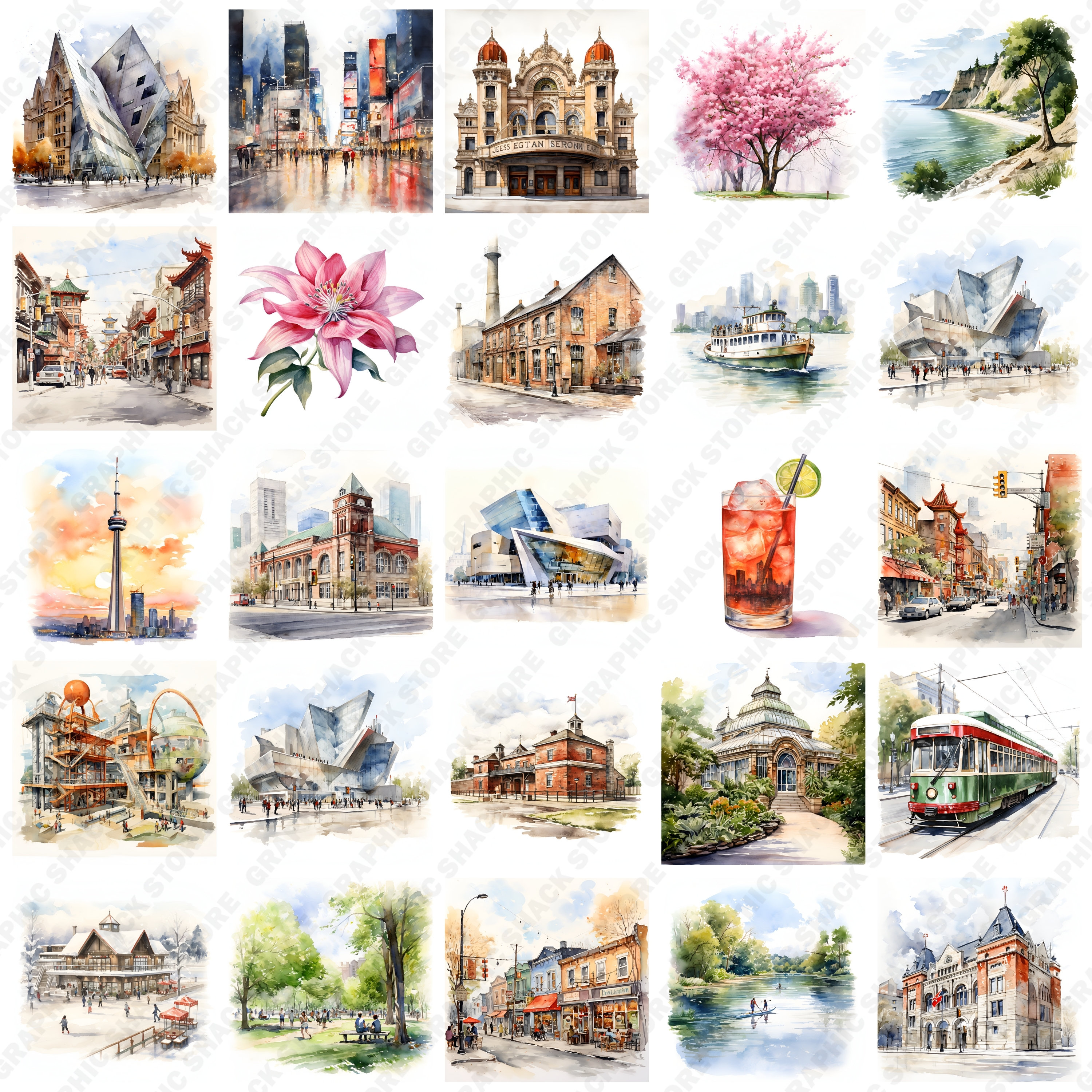 181 Watercolor Toronto PNG Clipart Bundle, Torontonian Cultural Travel ...