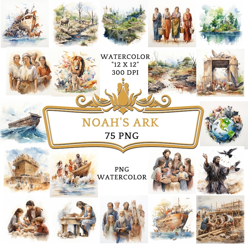 75 PNG Watercolor Noah's Ark Clip Art Christian Religious Bible Based ...