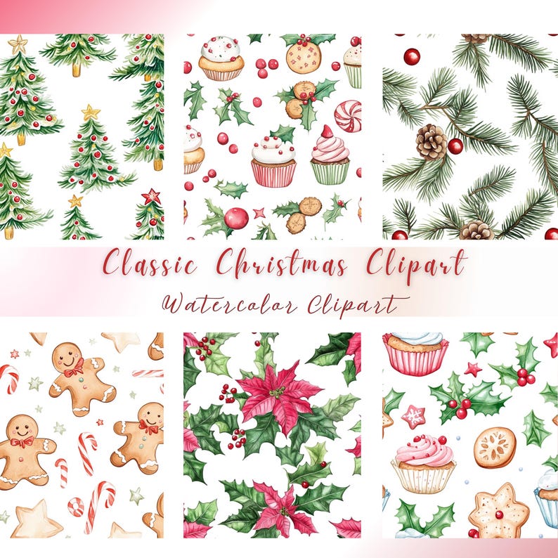95x Watercolor Classic Christmas Clipart Bundle - Nostalgic Holiday PNG ...
