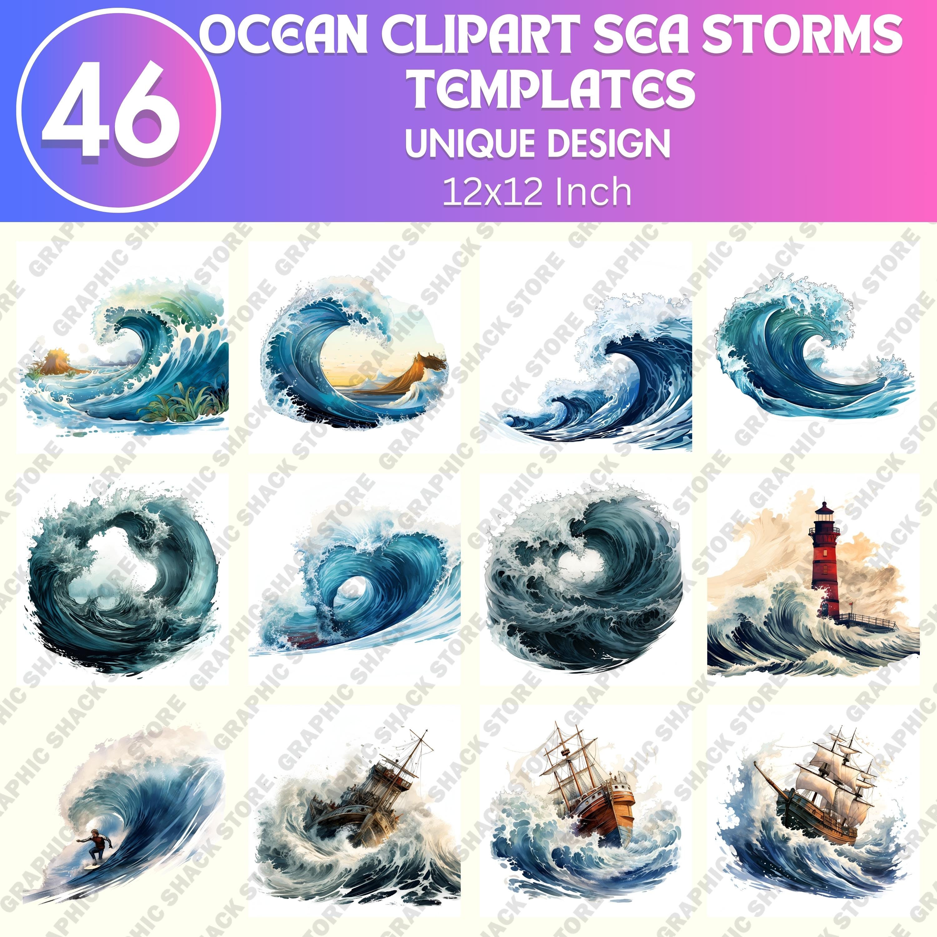 46 Watercolor Ocean Wave Clipart, Marine Majesty Sea Storms Templates ...
