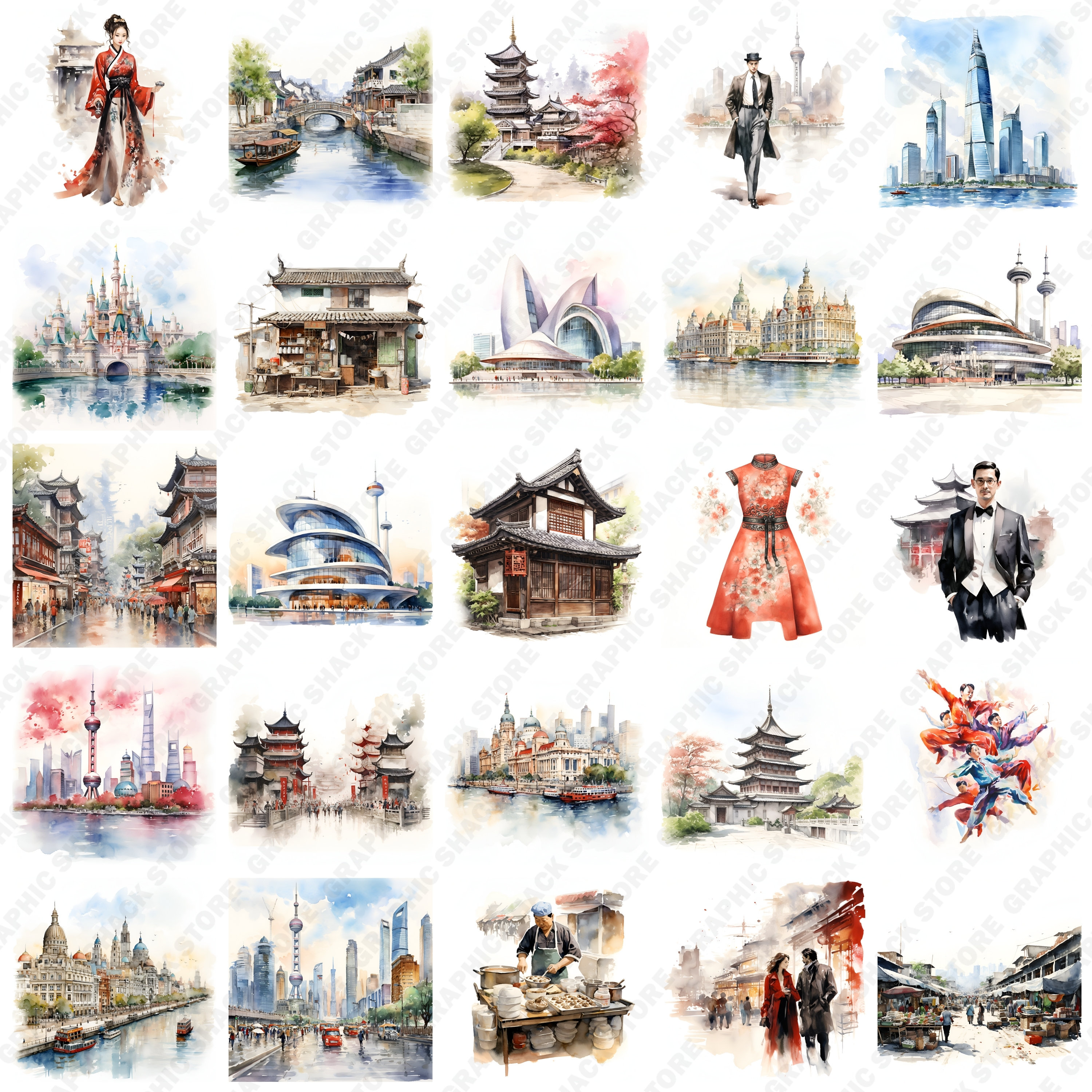 126 Watercolor Shanghai Clipart PNG Bundle - Exquisite China Cityscape ...