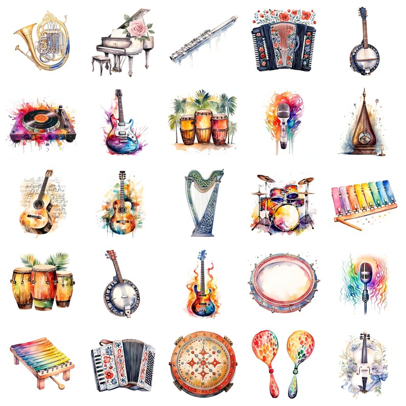 60 Watercolor Music Instruments Clipart - Symphony of Shades: Artistic ...