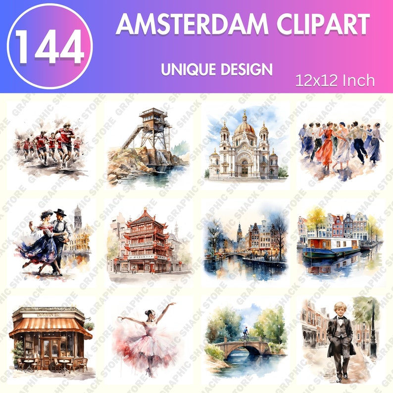 144 Watercolor Amsterdam Clipart, Printable Netherland PNG Images ...
