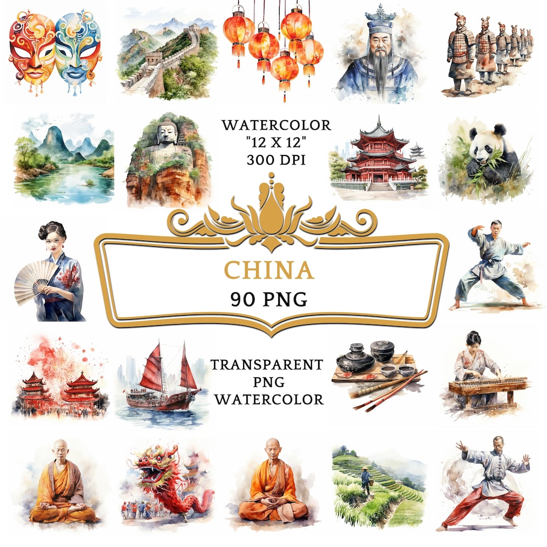 90 Watercolor China PNG Clipart Bundle, China Landmarks Clipart, Great ...