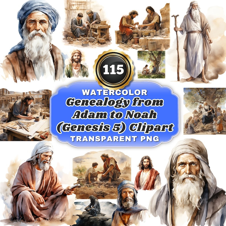 115 Watercolor Genealogy From Adam to Noah genesis 5 PNG Clipart, Ancestral Lineage Bible Story ...
