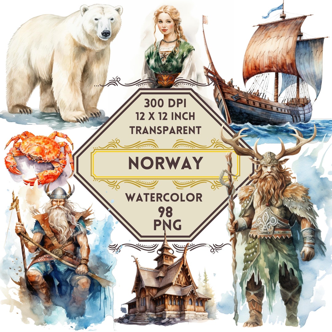 98 Watercolor Norway PNG Clipart Bundle, Norway Summer Travel, Landmark ...