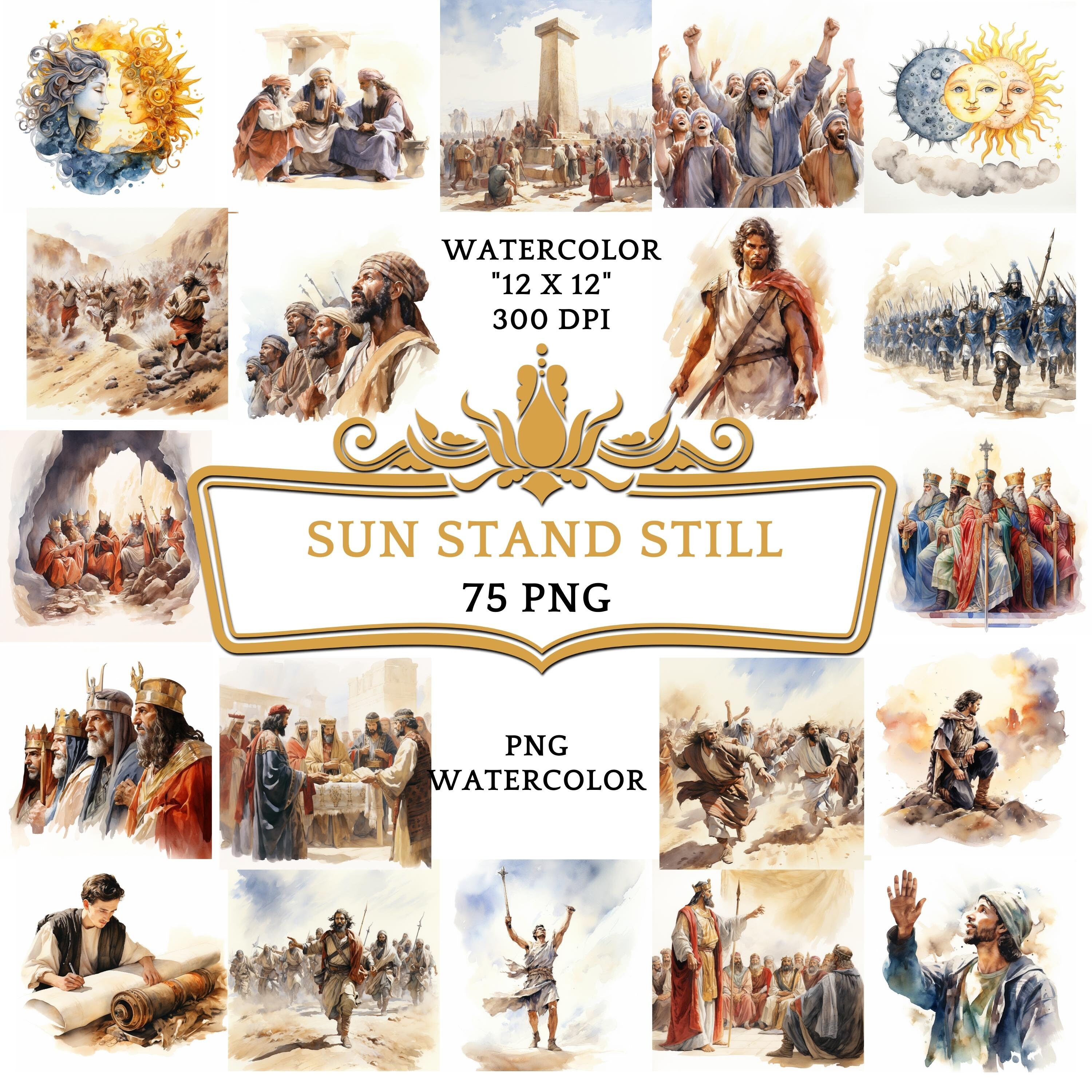 75 Watercolor PNG Sun Stand Still Clip Art Christian Religious Bible ...