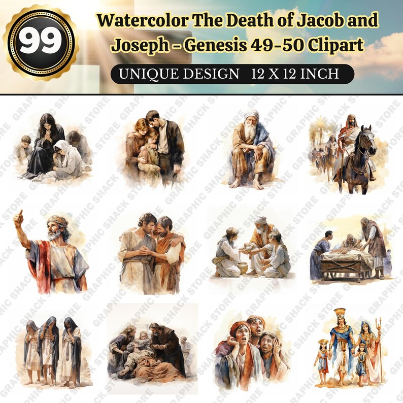 99 Watercolor Cliparts of the Death of Jacob and Joseph Genesis 49-50 Poignant Biblical ...
